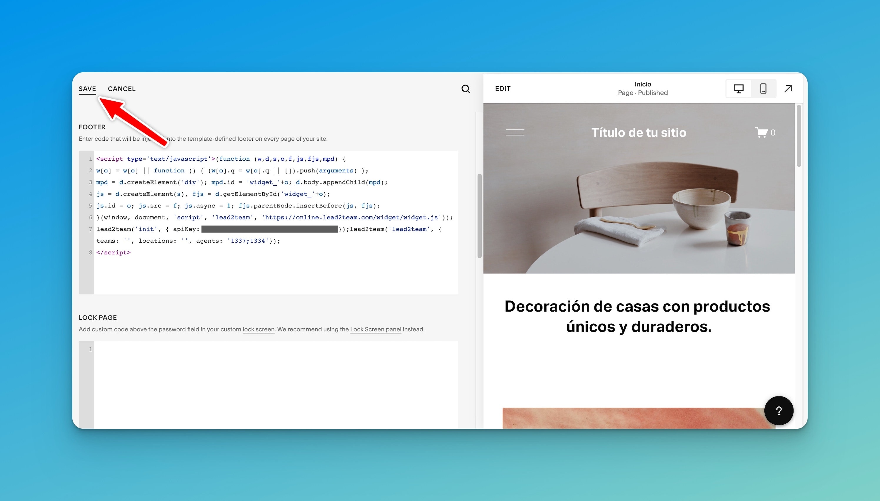 Squarespace: add the widget to your website - Lead2Team Knowledge Base